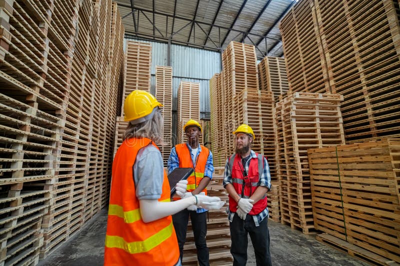 Worker are Working at Lumber Yard in Large Warehouse. Stock Image ...