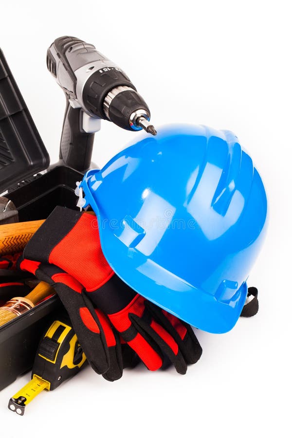 Worker Tools Isolated on White Stock Photo - Image of goggle, helmet ...