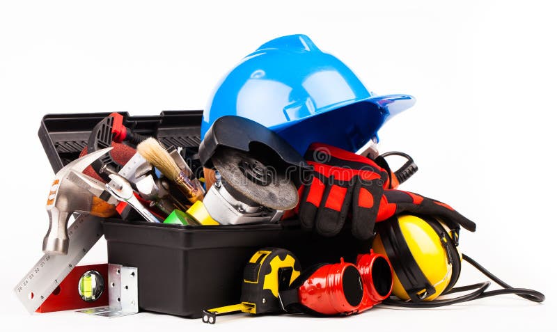 Worker Tools Isolated on White Stock Photo - Image of protect, hardhat ...