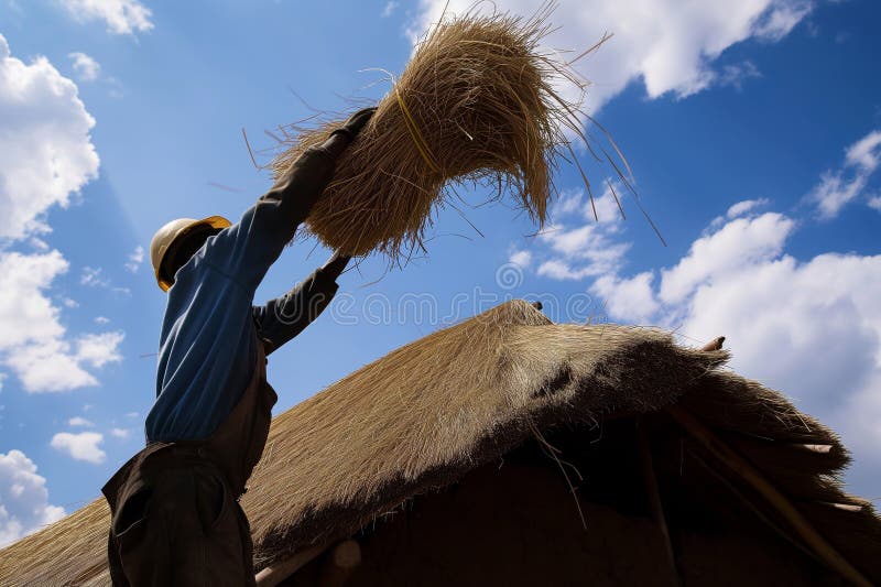 Worker Tossing Thatch Bundle Onto Roof from Ground Stock Photo - Image ...
