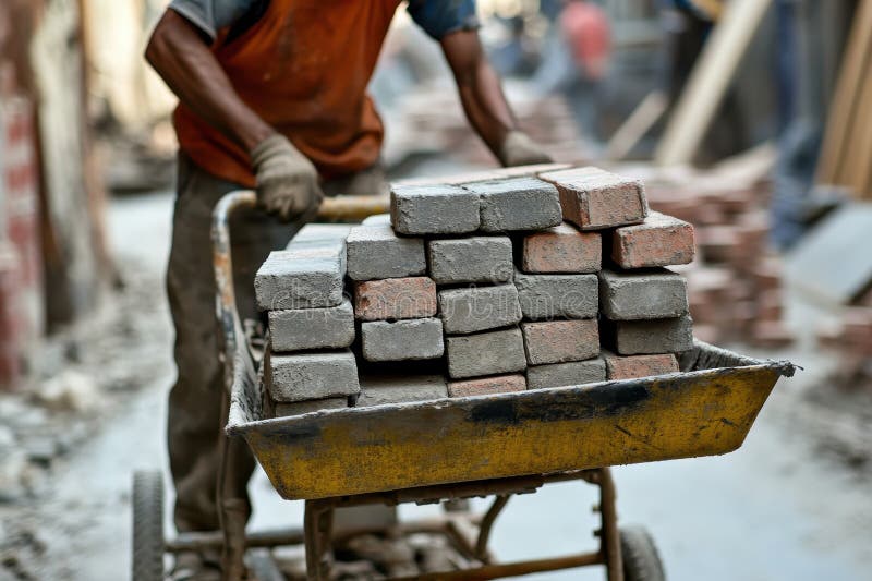A Worker Transporting Bricks in a Wheelbarrow at a Construction Site ...