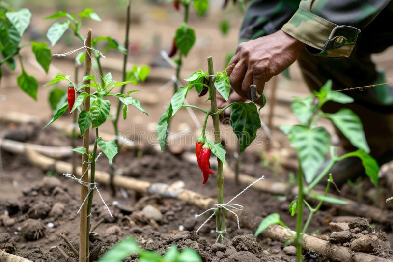 Worker Tying Chili Plants To Support Sticks Stock Image - Image of ...