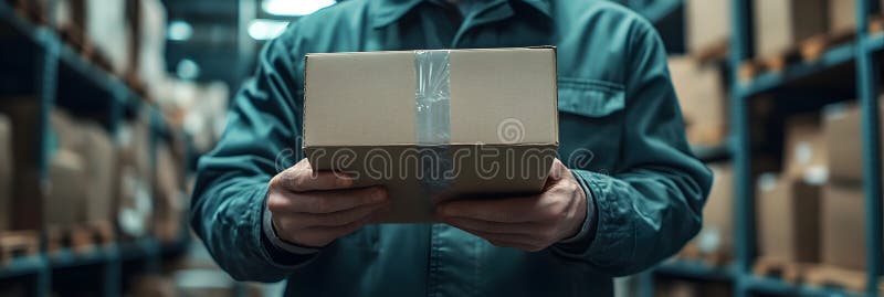 Worker in Uniform Holding Cardboard Box in Warehouse Setting while ...