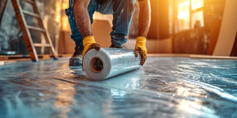 Worker Unrolling a Translucent Plastic Underlayment Stock Photo - Image ...