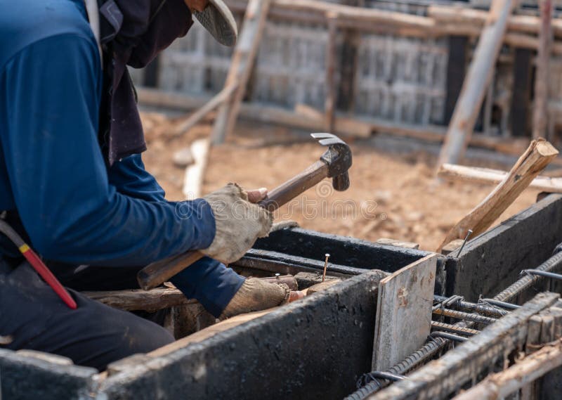 Worker Use Hammer Hit Support Framework Stock Photo - Image of ...
