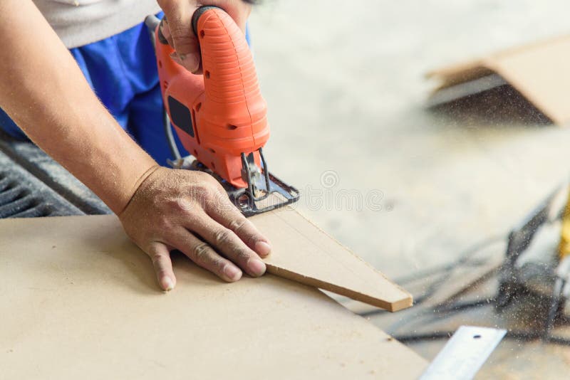 Worker Use Jigsaw Tool Saw Wood Plate Stock Photo - Image of equipment ...