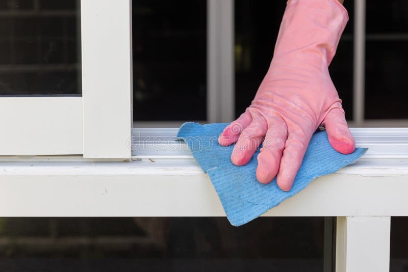 Worker Use a Soft Cloth Cleaning UPVC Aluminum Window Frames Remove a ...