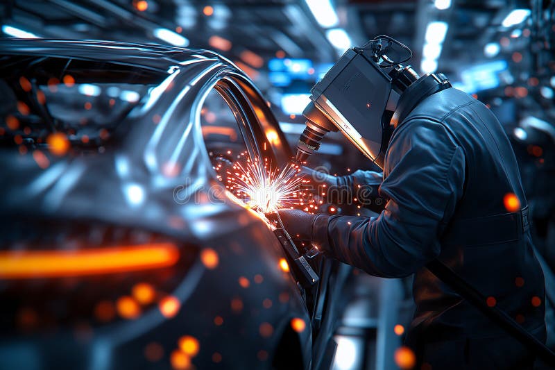 Worker Uses Robotic Welding Machine on Car Assembly Line Creating ...