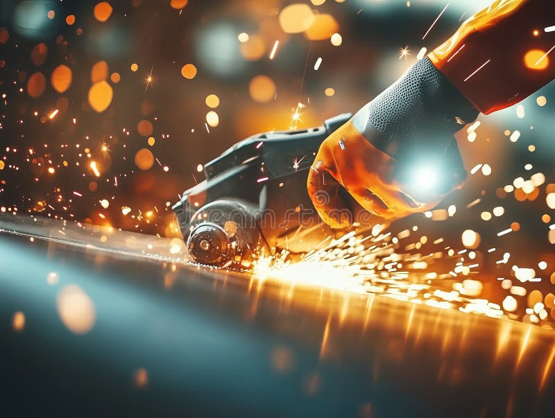 Worker Using Angle Grinder Creating Sparks during Metal Processing ...