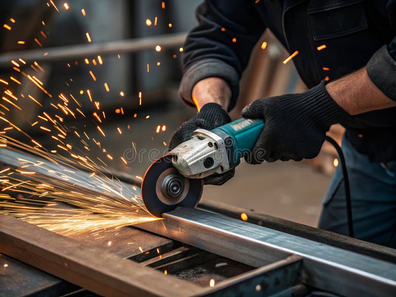 Worker Using Angle Grinder on Metal Surface Sparks Flying in Industrial ...