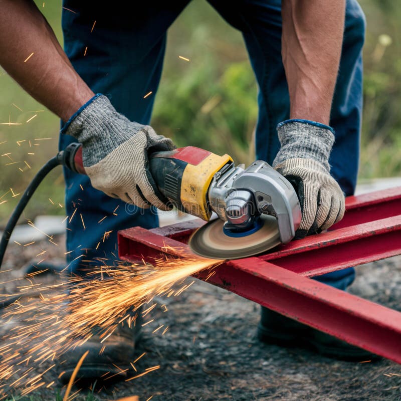 Worker Using Angle Grinder on Red Metal Structure, Sparks Flying ...