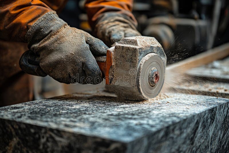 Worker Using Angle Grinder To Polish Granite Slab, Creating Dust and ...
