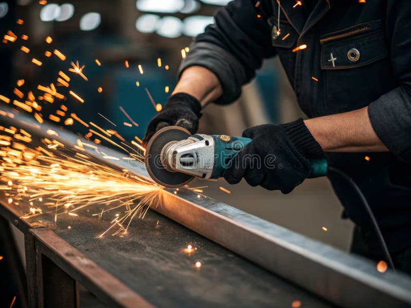 Worker Using Angle Grinder To Smooth Metal Surface Generating Sparks in ...