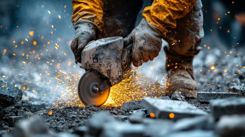Worker Using an Angle Grinder To Trim Bricks for Interior Wall ...