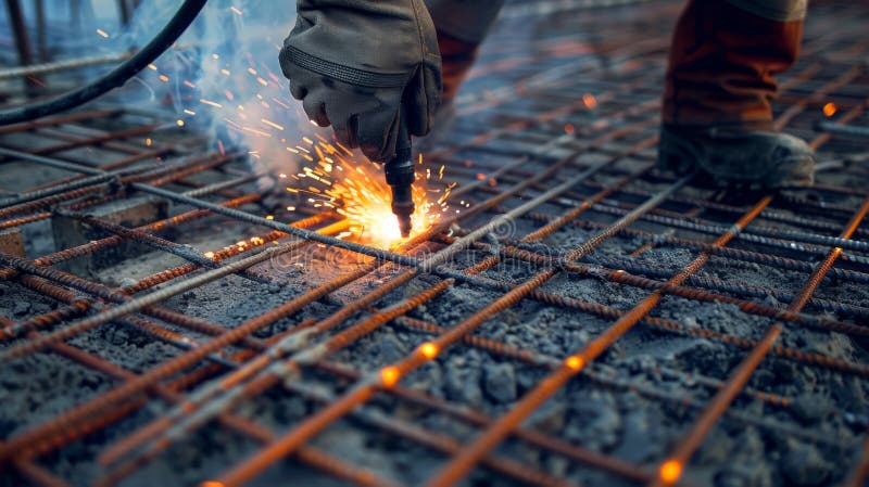 A Worker Using a Blow Torch To Weld Different Sections of the Rebar ...