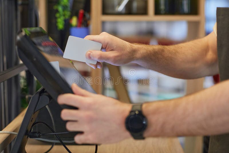 Worker Using Cash Register in Cafe Stock Image - Image of mobile, males ...