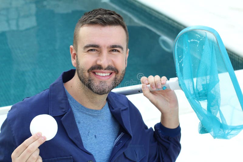 Worker Using Chlorine in Swimming Pool Stock Image - Image of health ...