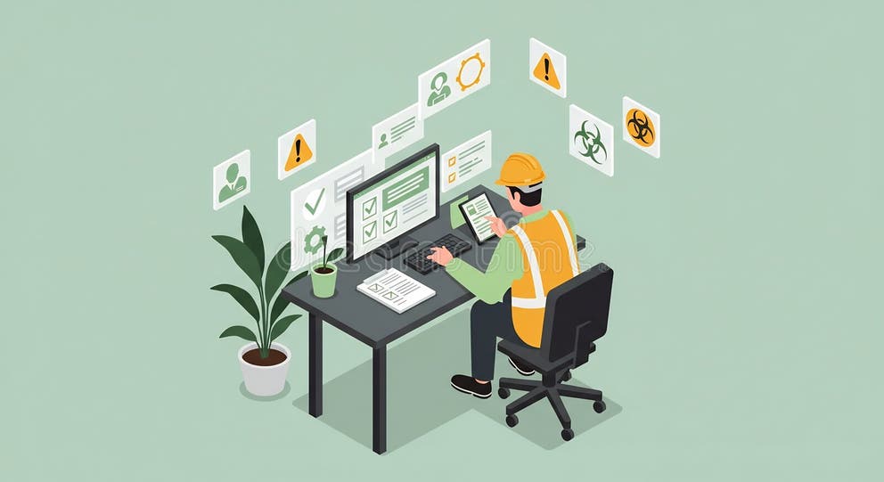 Worker Using Computer at Desk Checking Safety Compliance Stock ...