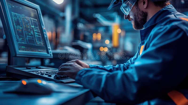 A Worker Using a Computer in an Industrial Setting, Focused on ...