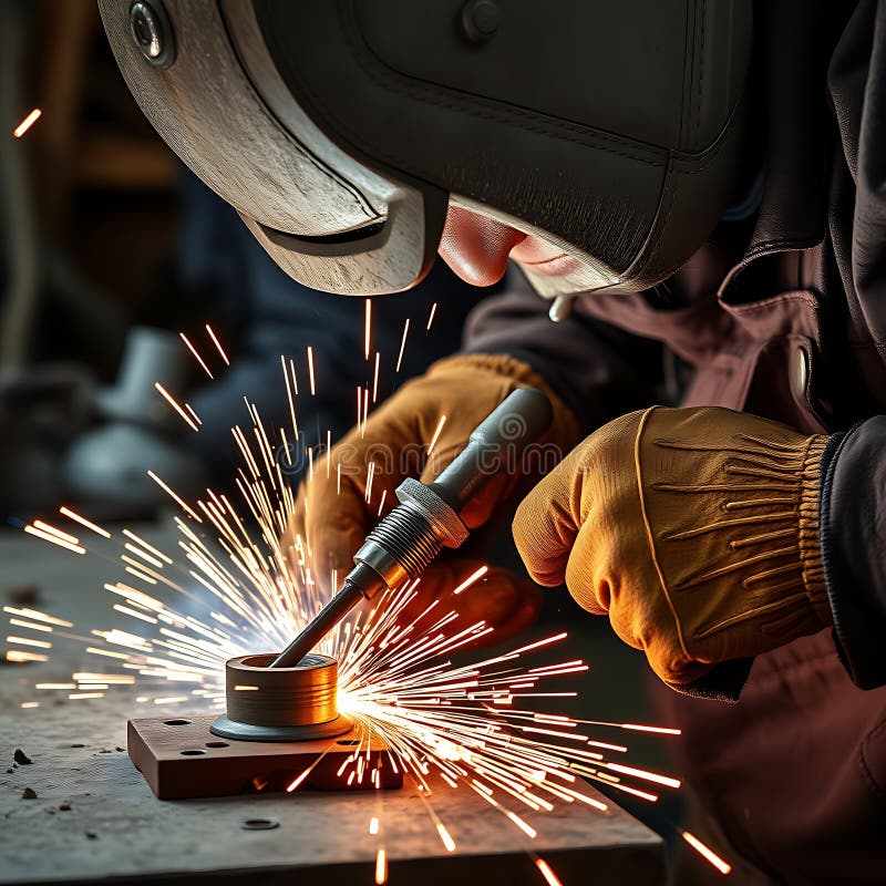 A Worker Using Die Tools To Shape a Metal Part with Sparks Flying in ...