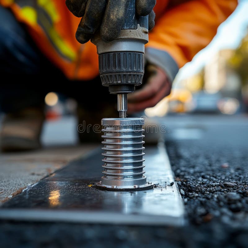 Worker Using a Drill on a City Pavement Close-up. Stock Image - Image ...