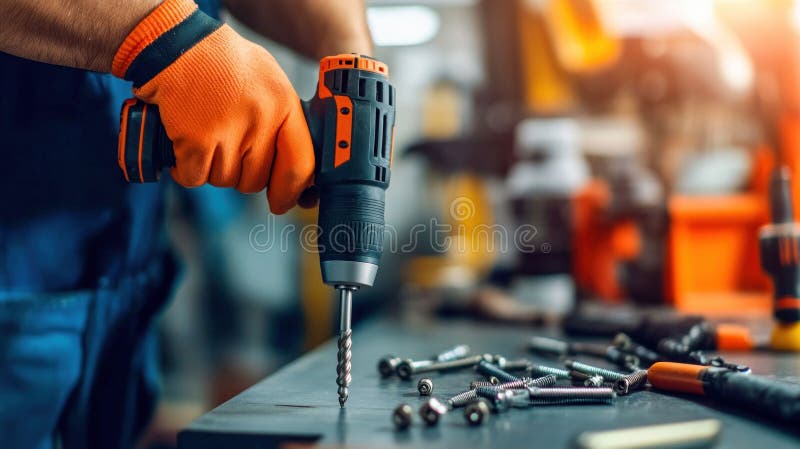 Worker Using Electric Drill in Workshop Stock Illustration ...