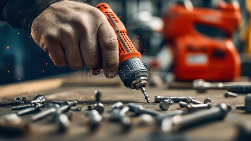 Worker Using Electric Drill in Workshop Stock Illustration ...