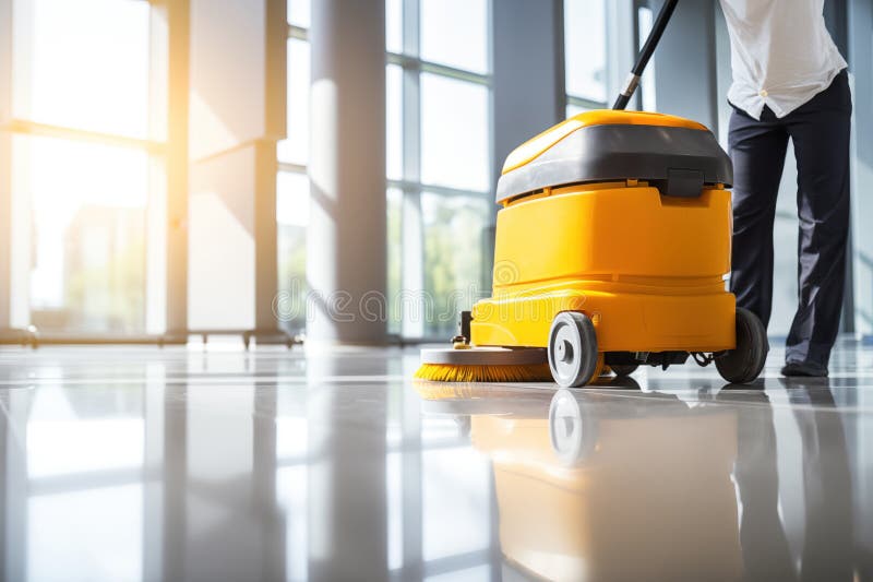 Worker Using Floor Scrubber in Modern Building during Daytime To ...
