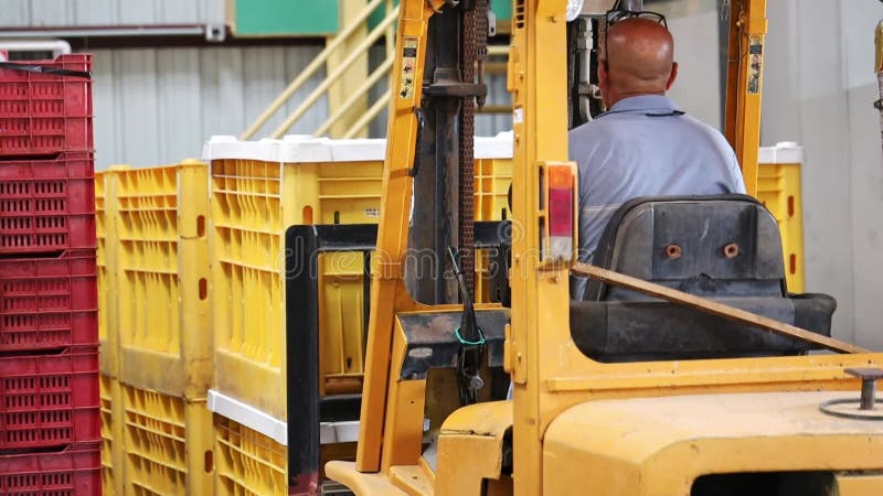 Worker Using Forklift To Arrange Plastic Boxes in Factory Stock Video ...
