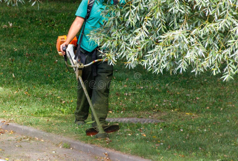 Worker Using a Grass Trimmer To Maintain a Park, Wearing Protective ...