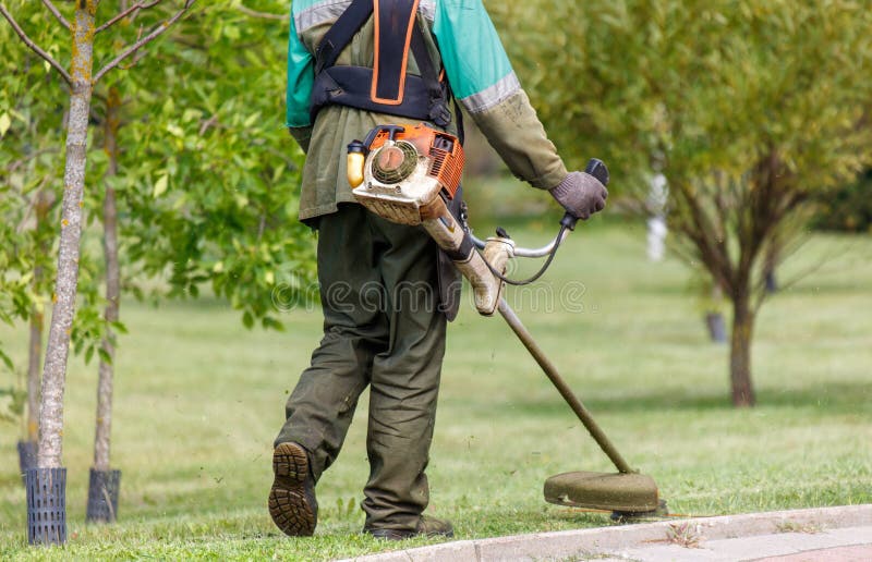 Worker Using a Grass Trimmer To Maintain a Park, Wearing Protective ...