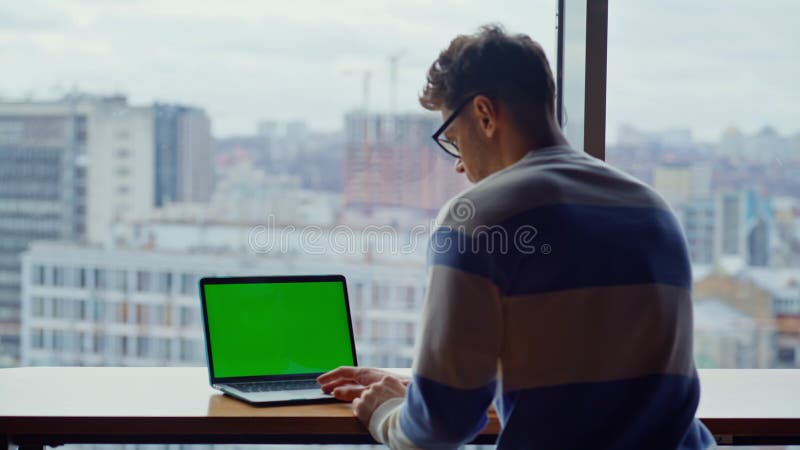 It Worker Using Greenscreen Computer Swiping Pc at Panoramic Workplace ...