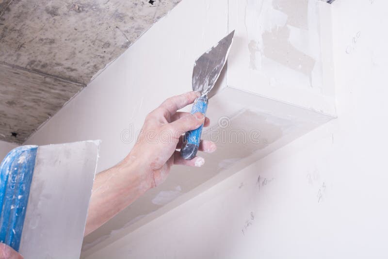 Worker Using Gypsum Plaster Stock Photo - Image of handyman, ceiling ...