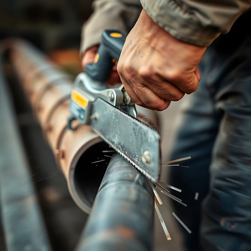 A Worker Using a Hand Held Cutting Saw To Cut through a Steel Pipe with ...
