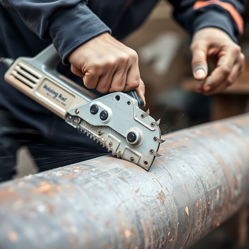 A Worker Using a Hand Held Cutting Saw To Cut through a Steel Pipe with ...