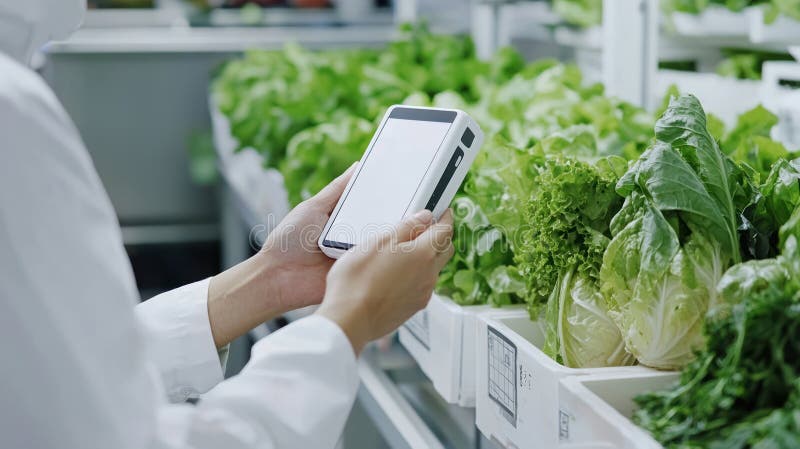 Worker Using Handheld Device To Track Food Packages in Greenhouse Stock ...