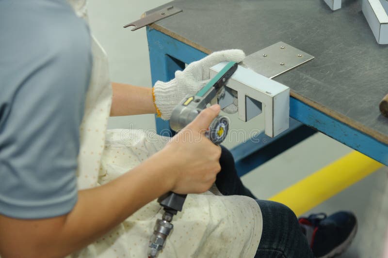 Worker Using Handy Air Belt Sander Stock Photo - Image of sander ...