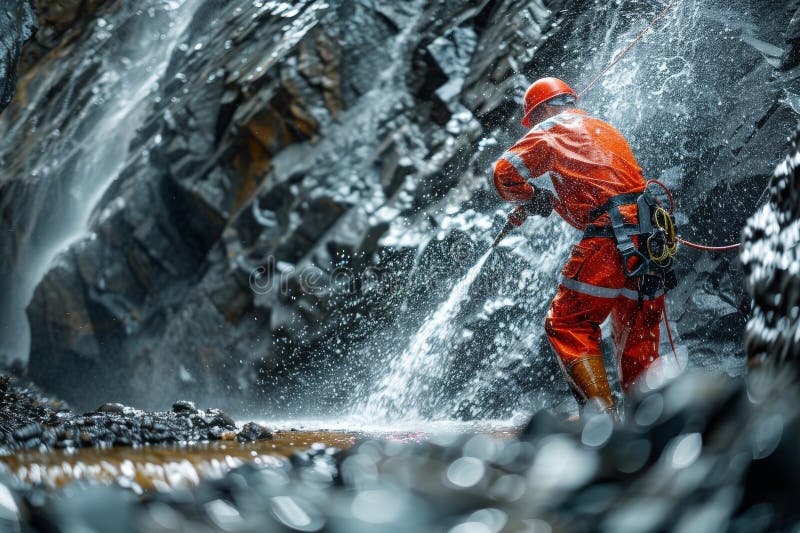 Worker Using High-pressure Water Jet for Cutting in Mine Stock ...