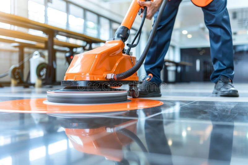 Worker Using High Speed Polishing Machine for Flawless Finish on Office ...