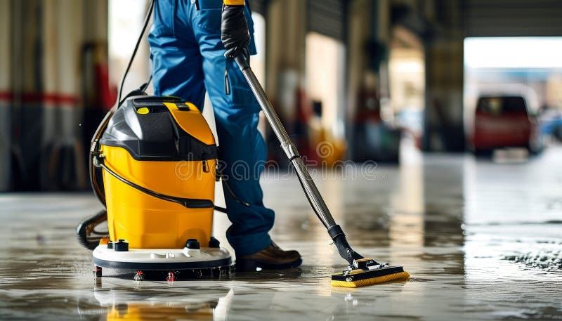 Worker Using Industrial Floor Cleaning Machine in Large Warehouse Stock ...