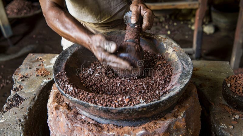 A Worker Using a Large Pestle and Mortar To Grind Cacao Nibs into a ...