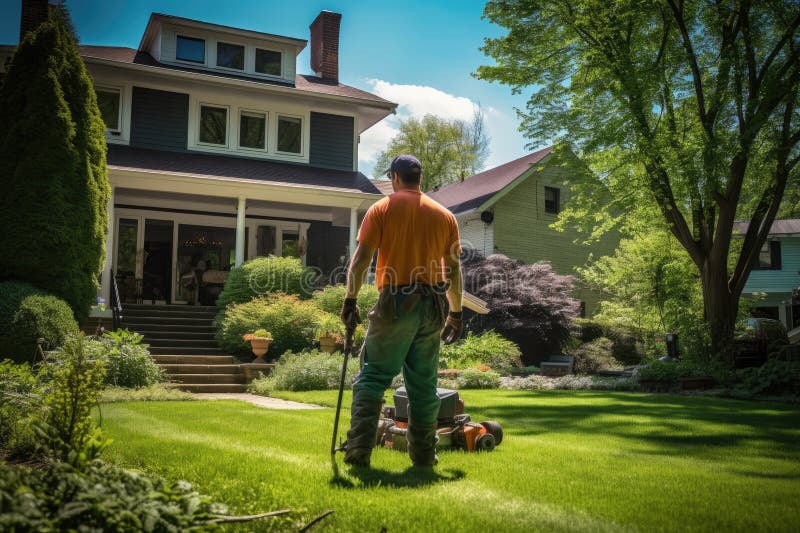 Worker Using a Manual Lawn Mower Mows Grass on Near the House Stock ...