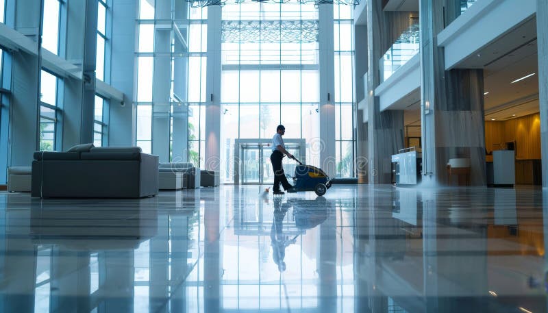 Worker Using Modern Floor Cleaning Machine in Contemporary Office ...