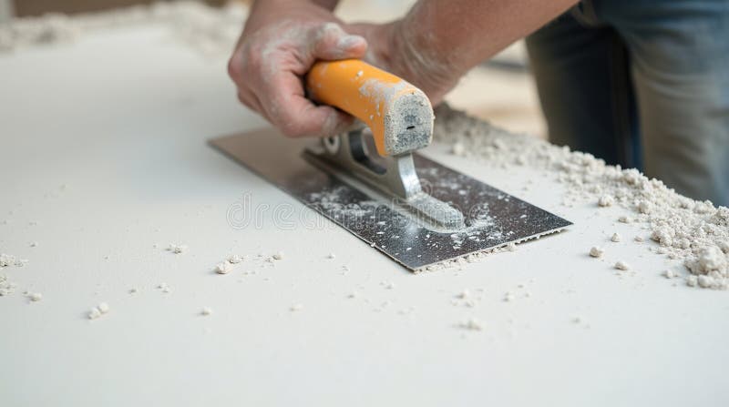 Worker Using a Notched Trowel with White Cement Stock Illustration ...