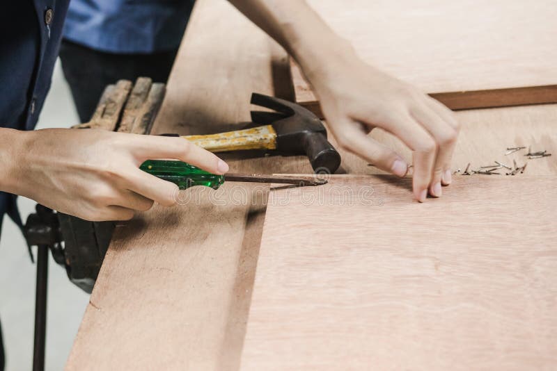 Worker Using Screwdriver To Remove Nail from Piece of Wood Stock Image ...