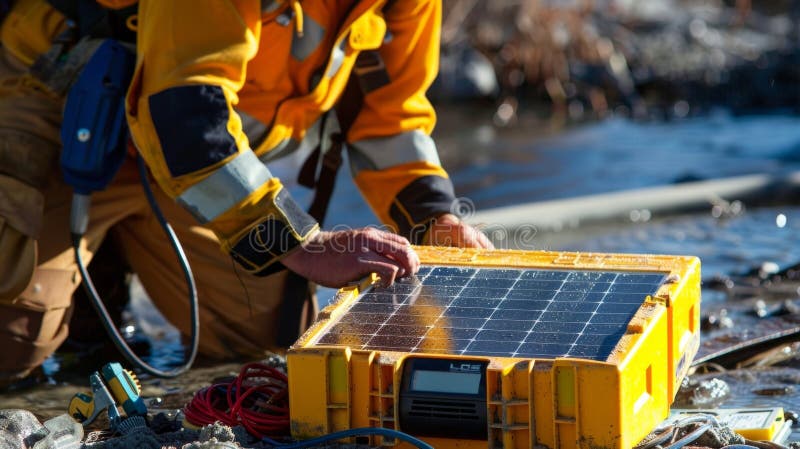 A Worker Using a Solarpowered Emergency Kit To Power Their Tools and ...