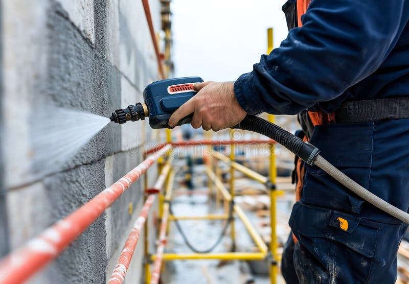Worker Using Spray Gun To Apply Coating on Concrete Wall at ...