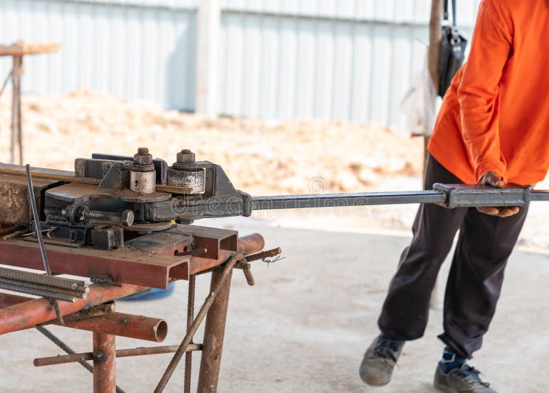 Worker Using Steel Bending Machine Rebar Stock Image - Image of heavy ...