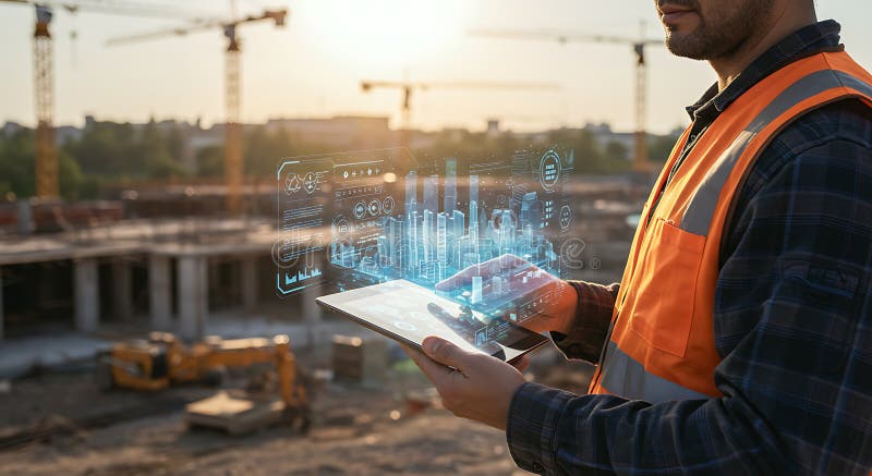 Worker Using Tablet for Construction Site Data with Cranes Stock ...