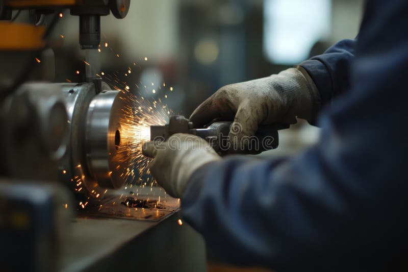 A Worker Using a Tool in a Workshop, Creating Sparks during a Machining ...